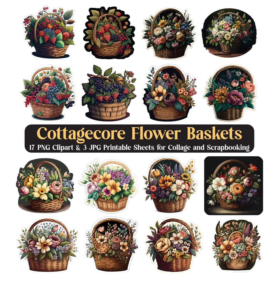 Cottagecore Collage Kit Printable Flower Baskets Ephemera 17 Floral ...