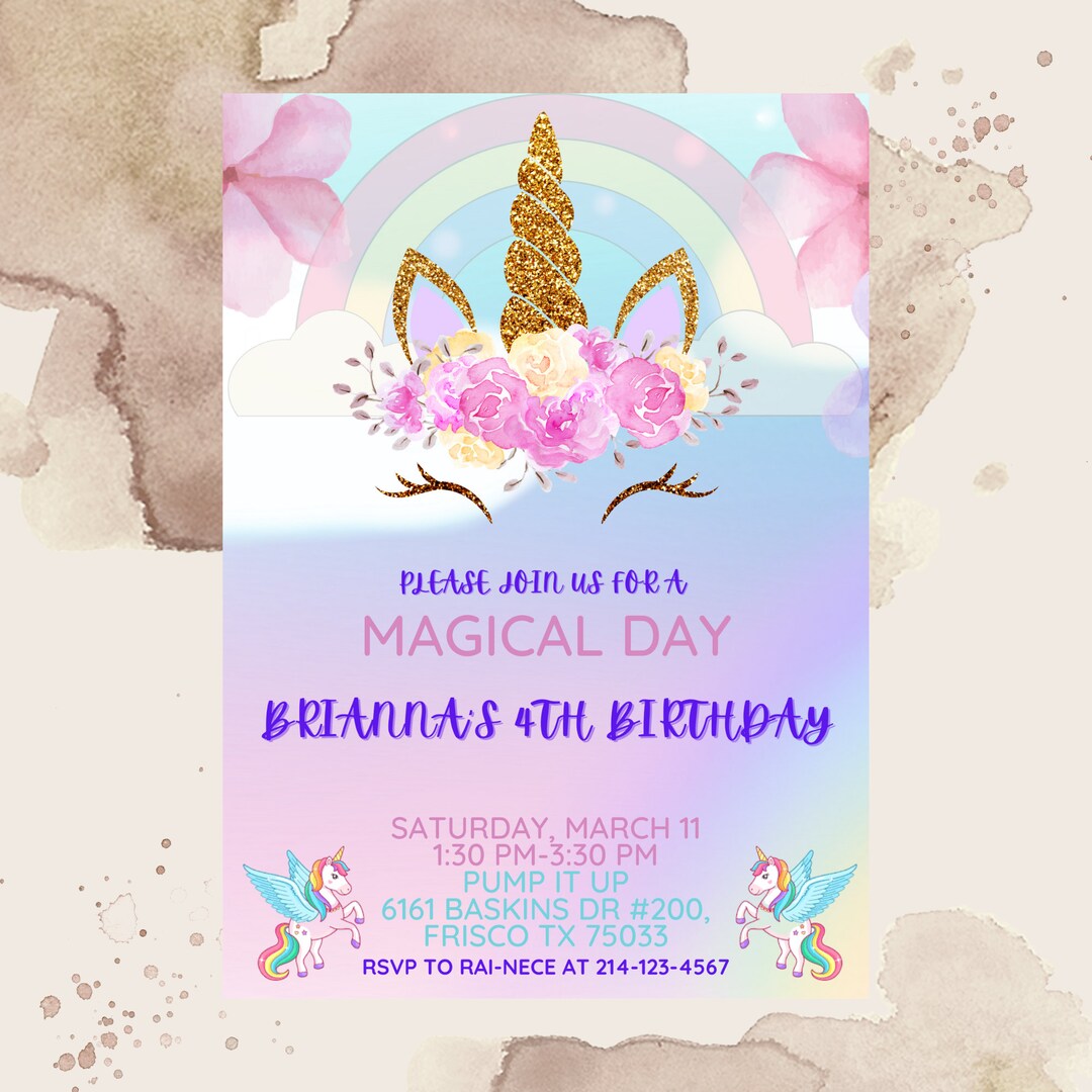 Editable Unicorn Birthday Invitation Template, Unicorn Flower Crown ...