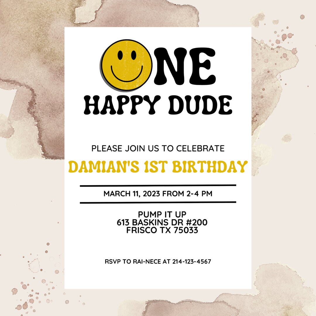 Editable One Happy Dude Invitation Template, Printable Smiley Face ...
