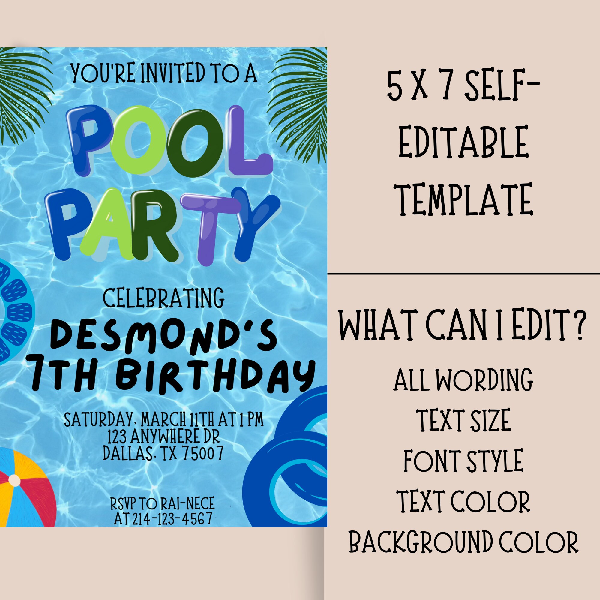 Editable Pool Party Invitation Template, Printable Summer Birthday ...
