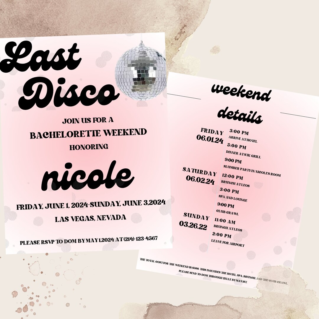 Editable Last Disco Bachelorette Invitation and Itinerary, Pink Glitter ...