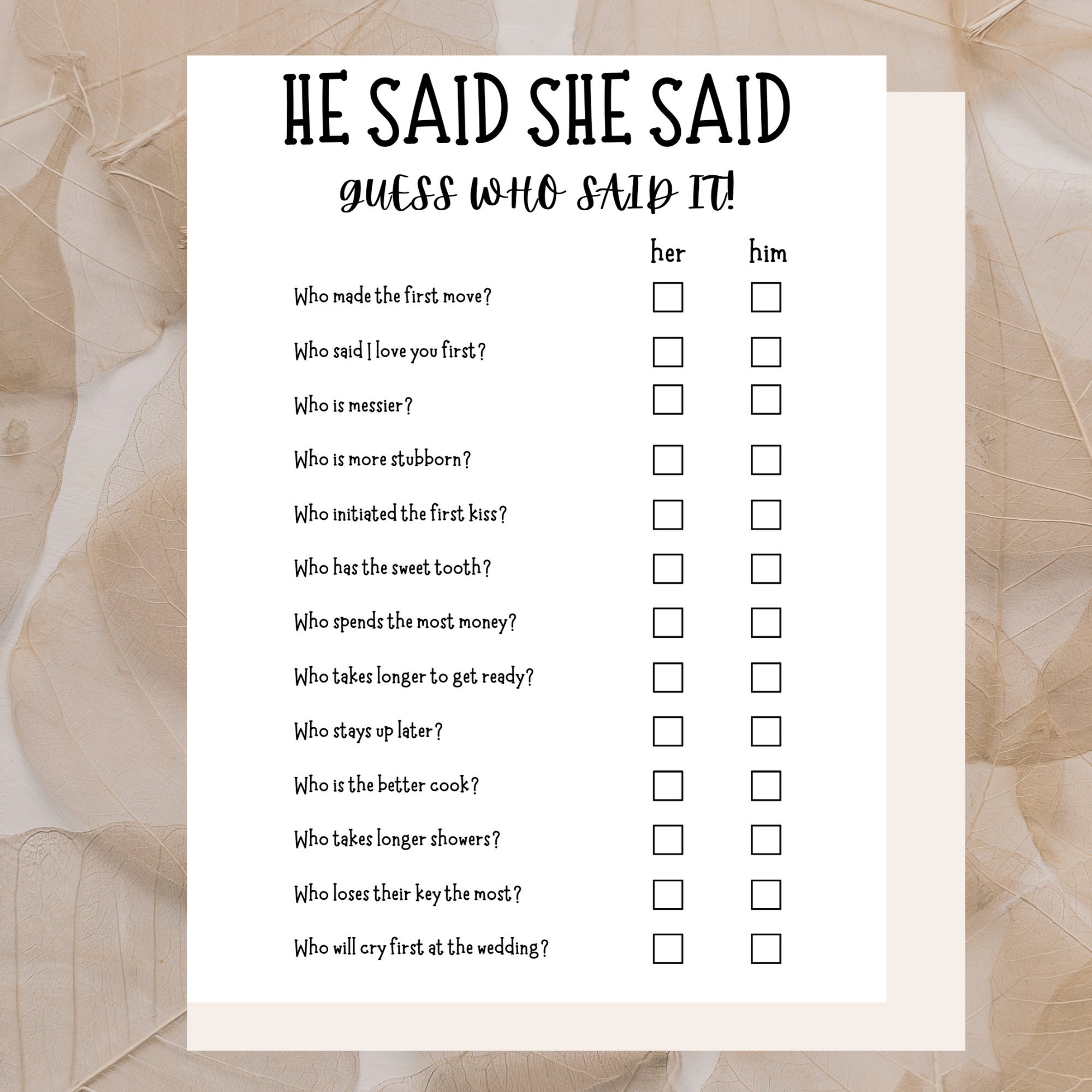 Editable He Said She Said Game, Guess Who Said It, the Wedding Shoe ...
