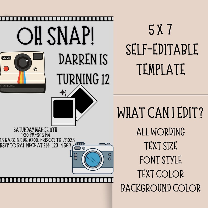 Editable Photography Birthday Invitation, Oh Snap Birthday Invitation ...