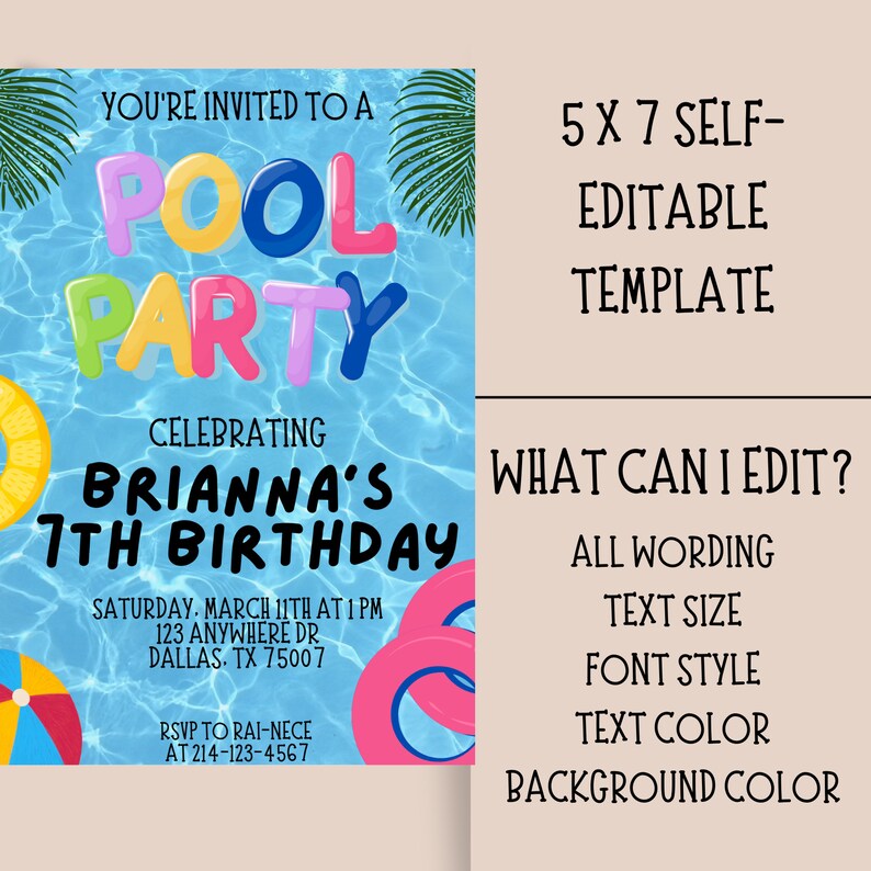 Editable Pool Party Invitation Template, Printable Summer Birthday ...