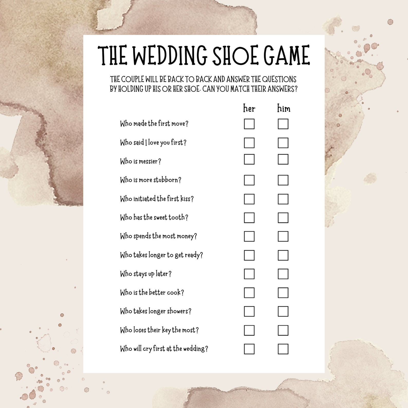 Editable Wedding Shoe Game, He Said She Said, Minimalist Bridal Shower ...