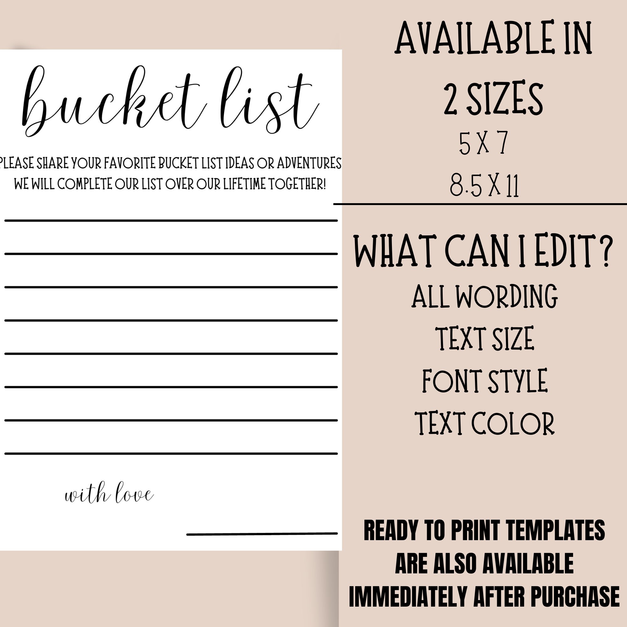 Editable Bucket List Game, Bridal Shower Bucket List, Guestbook Bucket ...