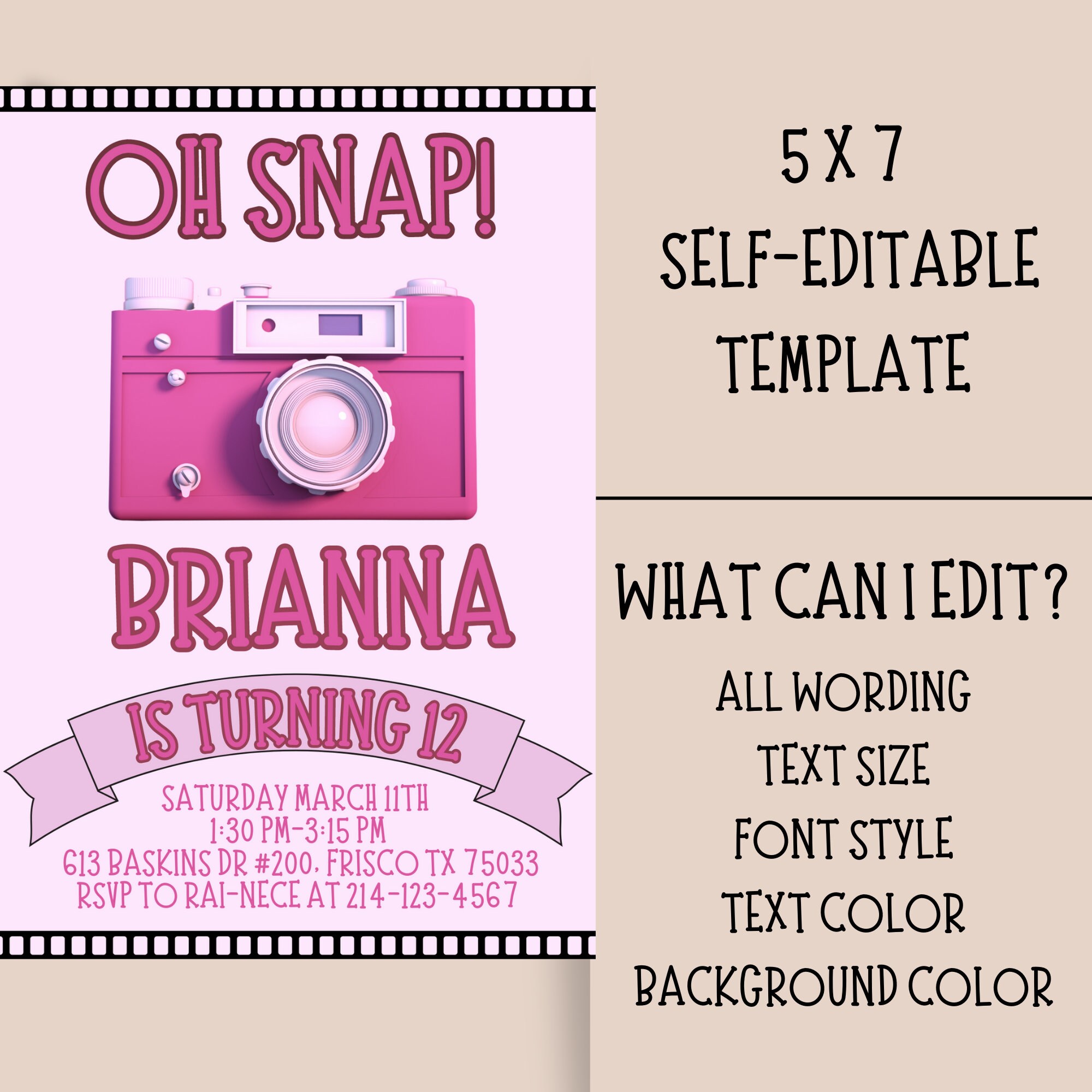Editable Selfie Invitation,photography Birthday Invitation, Oh Snap ...