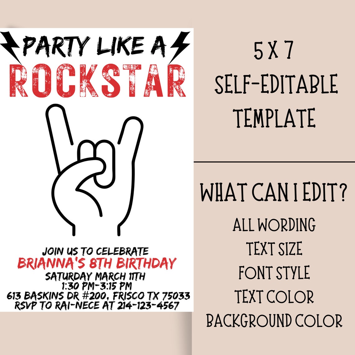 Editable Party Like A Rock Star Invitation, Born Two Rock Party, Rock N ...