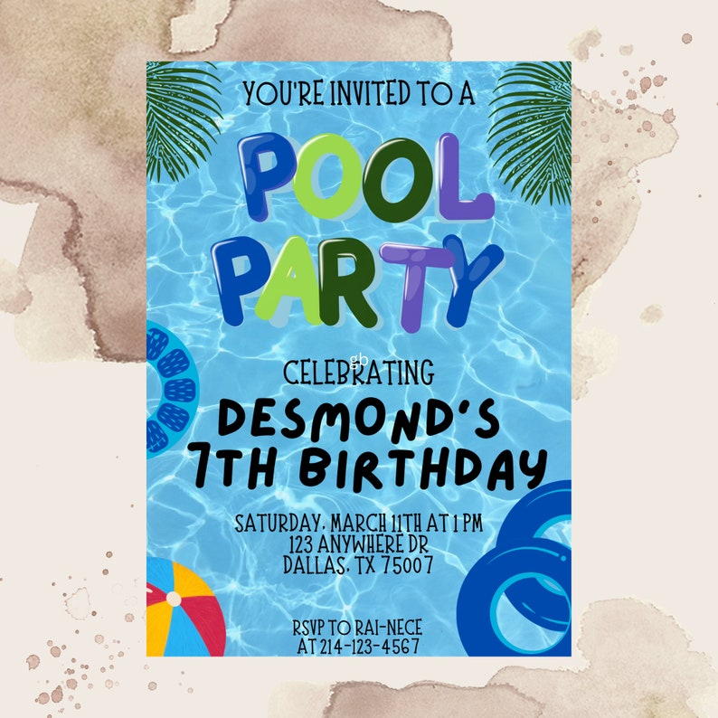 Editable Pool Party Invitation Template, Printable Summer Birthday ...