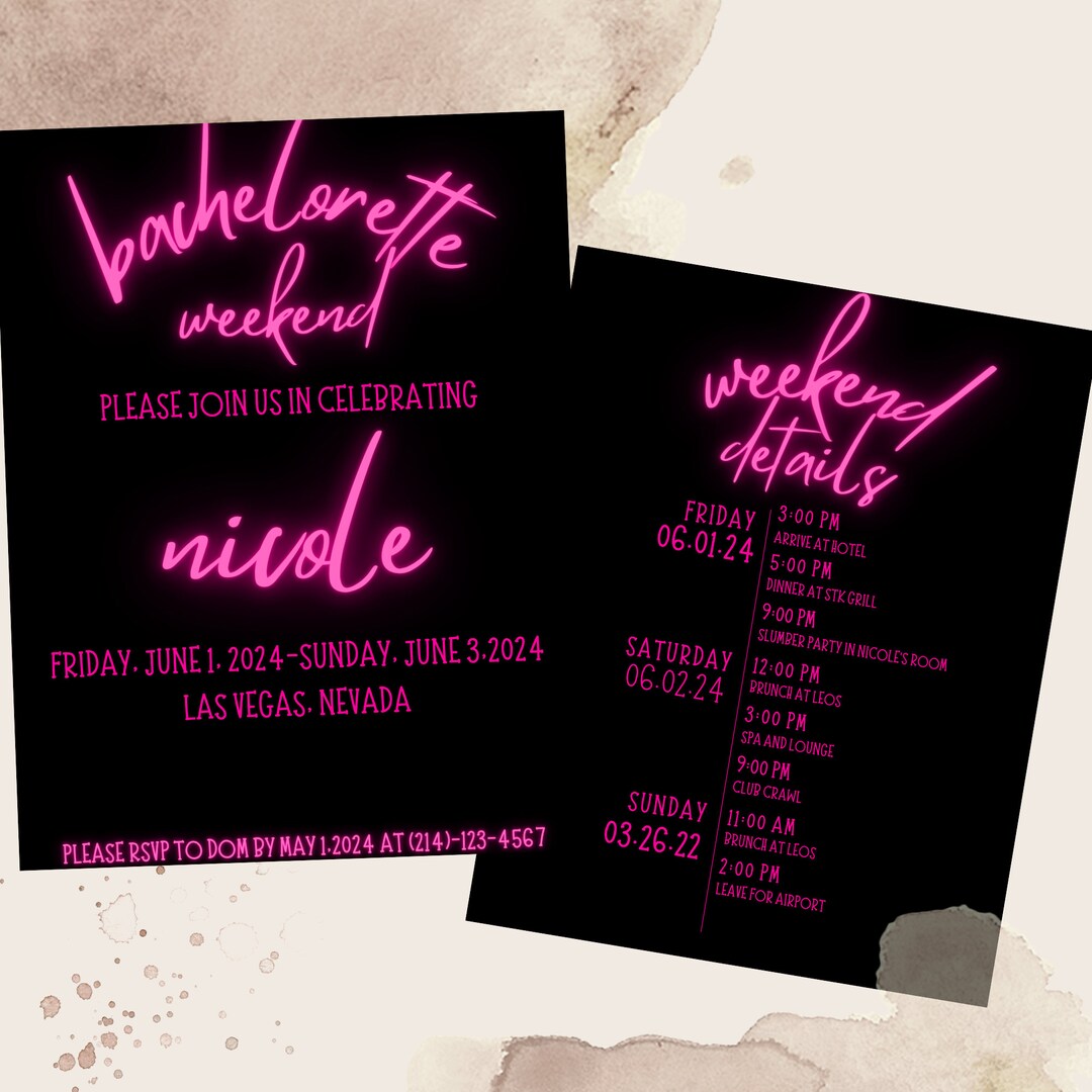 Editable Neon Bachelorette Party Invitation and Itinerary, Neon ...