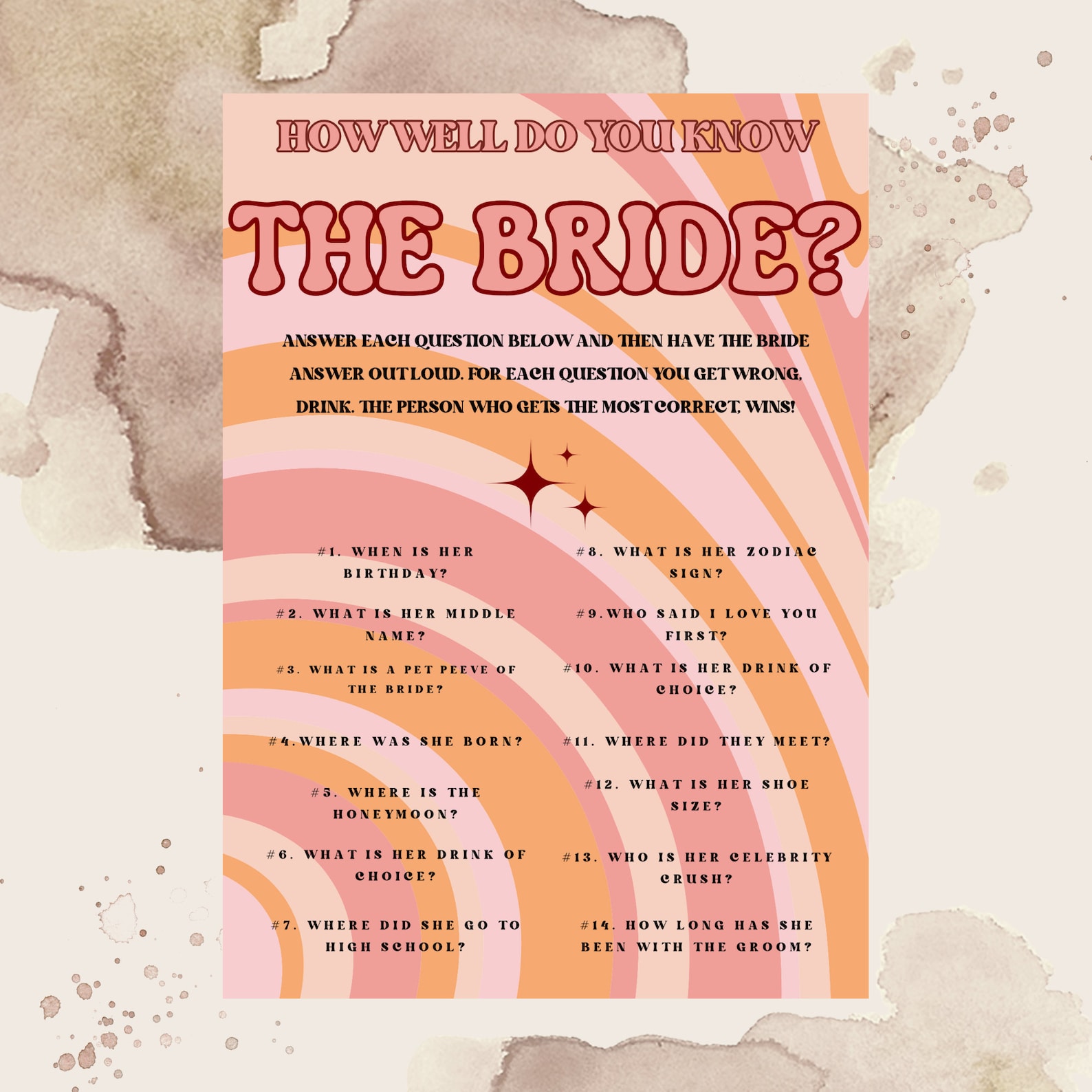 Editable How Well Do You Know the Bride Quiz, Groovy Bachelorette Party ...