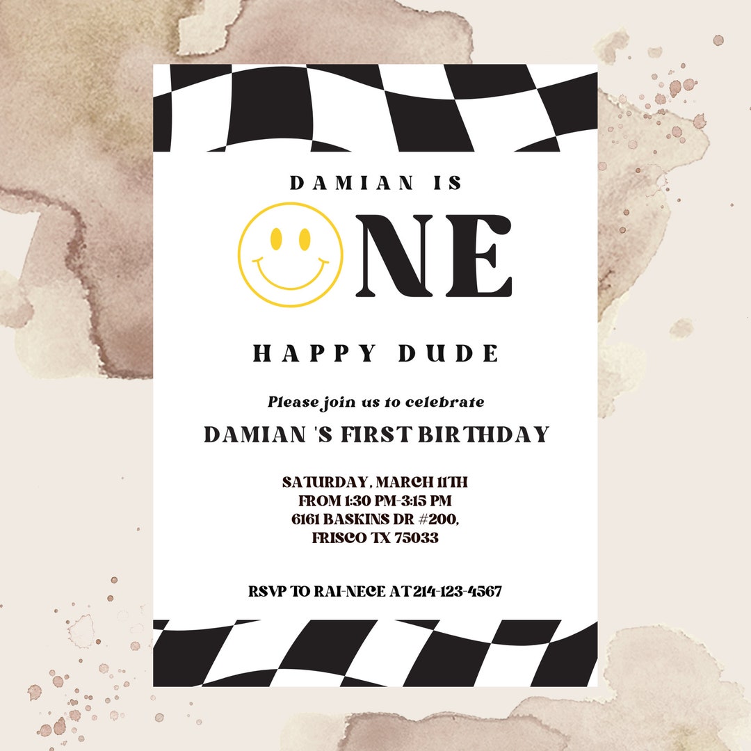 Editable One Happy Dude Invitation Template, Printable Smiley Face ...