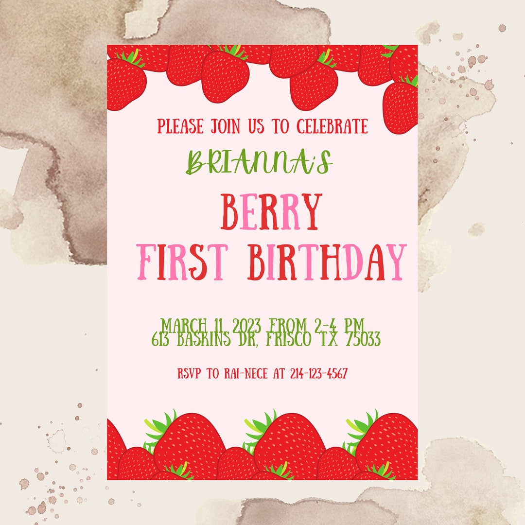 Editable Berry First Birthday Template, Printable Strawberry Themed ...