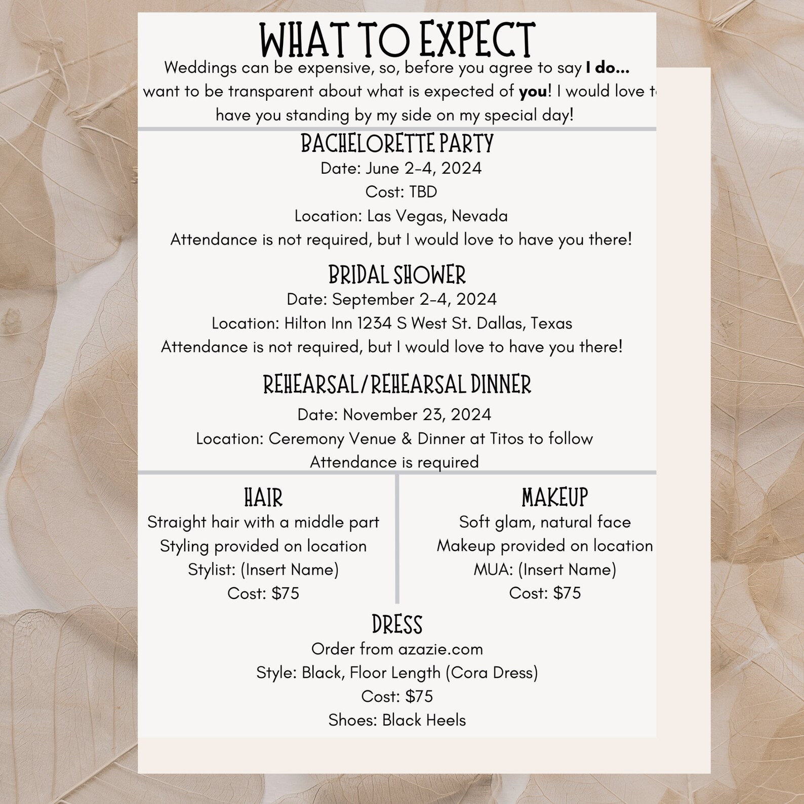 Editable Bridesmaid Expectations Card, Bridesmaid Contract, What to ...