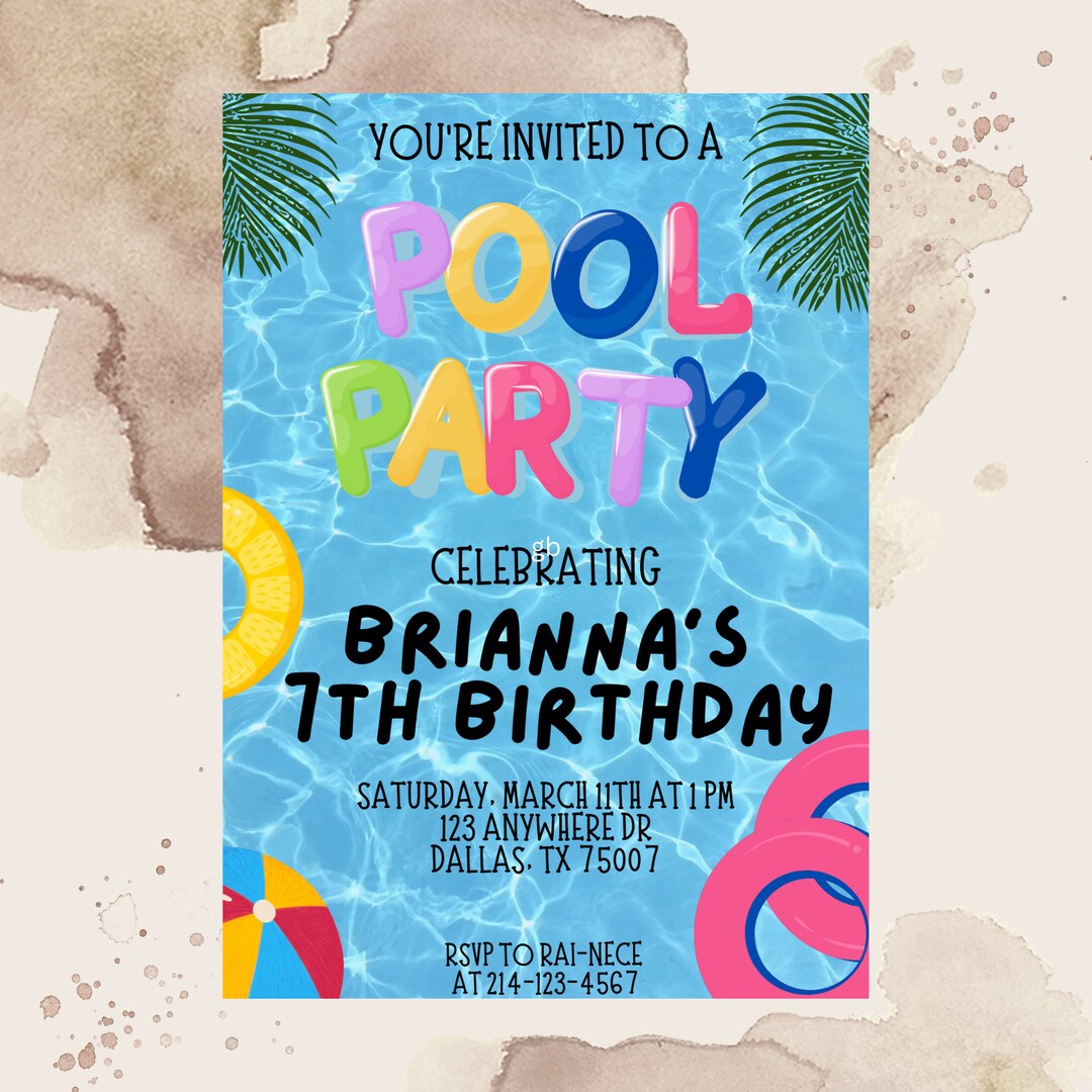 Editable Pool Party Invitation Template, Printable Summer Birthday ...