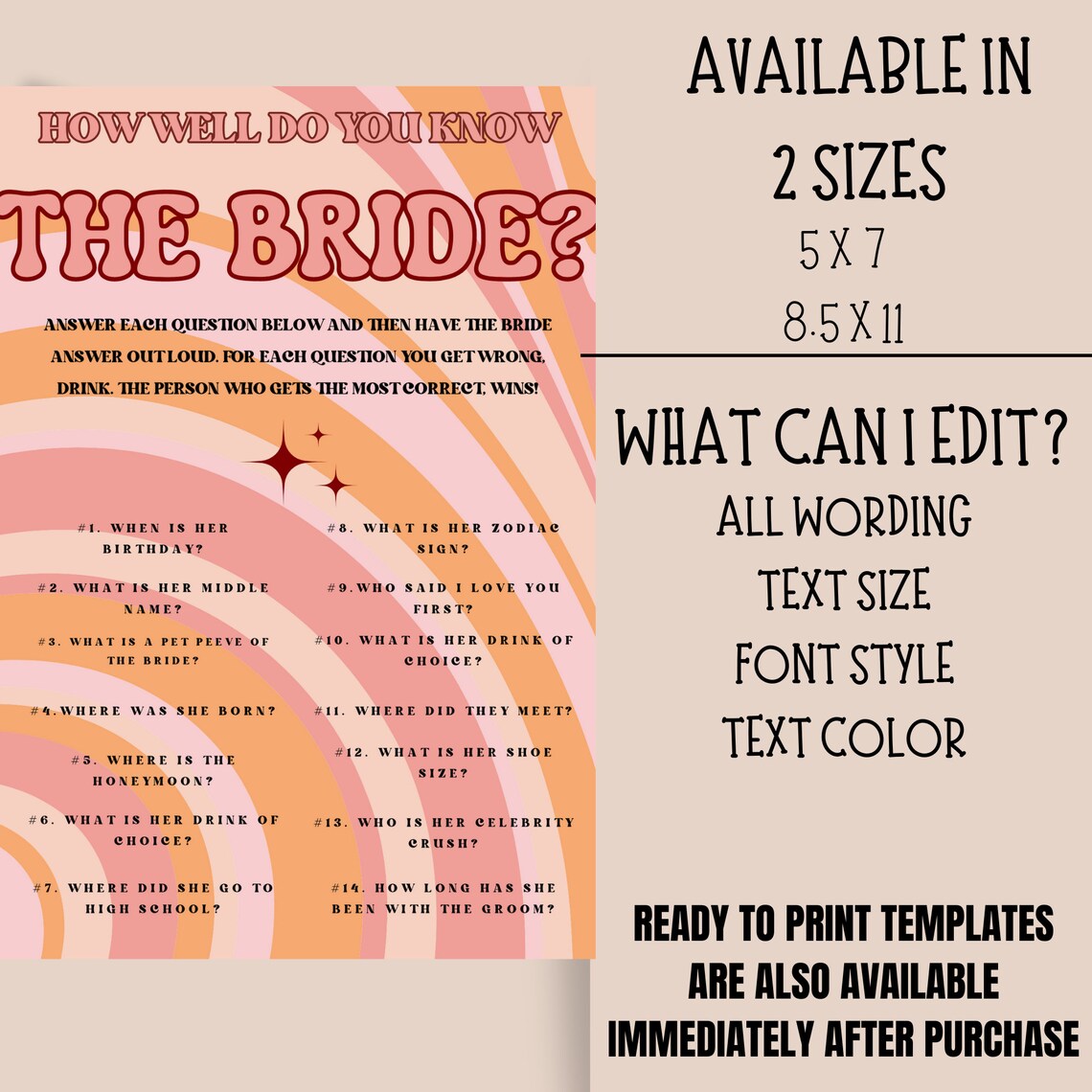 Editable How Well Do You Know the Bride Quiz, Groovy Bachelorette Party ...