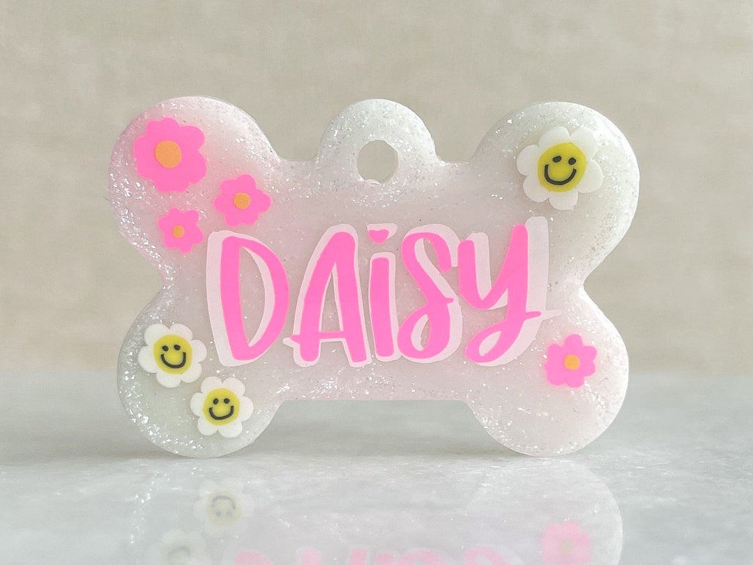 Daisy Resin Dog Tag, Glitter Pet ID, Flower Pet ID Tag, Dog Collar Tag ...