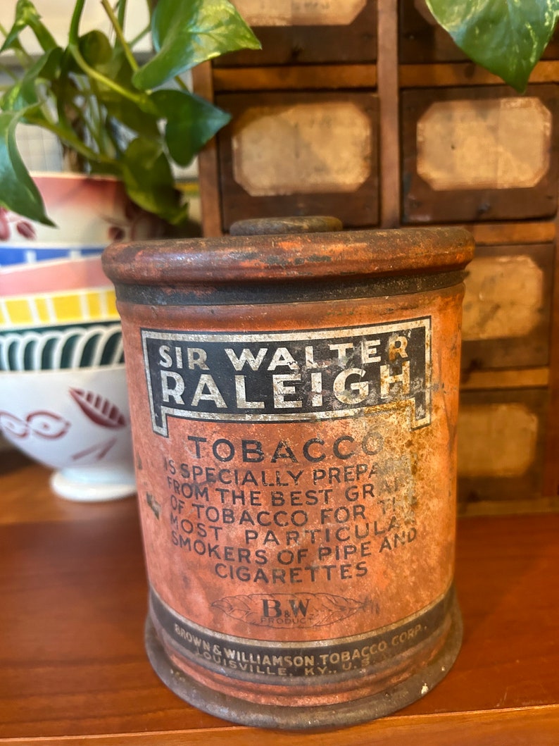 Vintage Orange Tobacco Can Advertising Tin Sir Walter Raleigh B&W ...