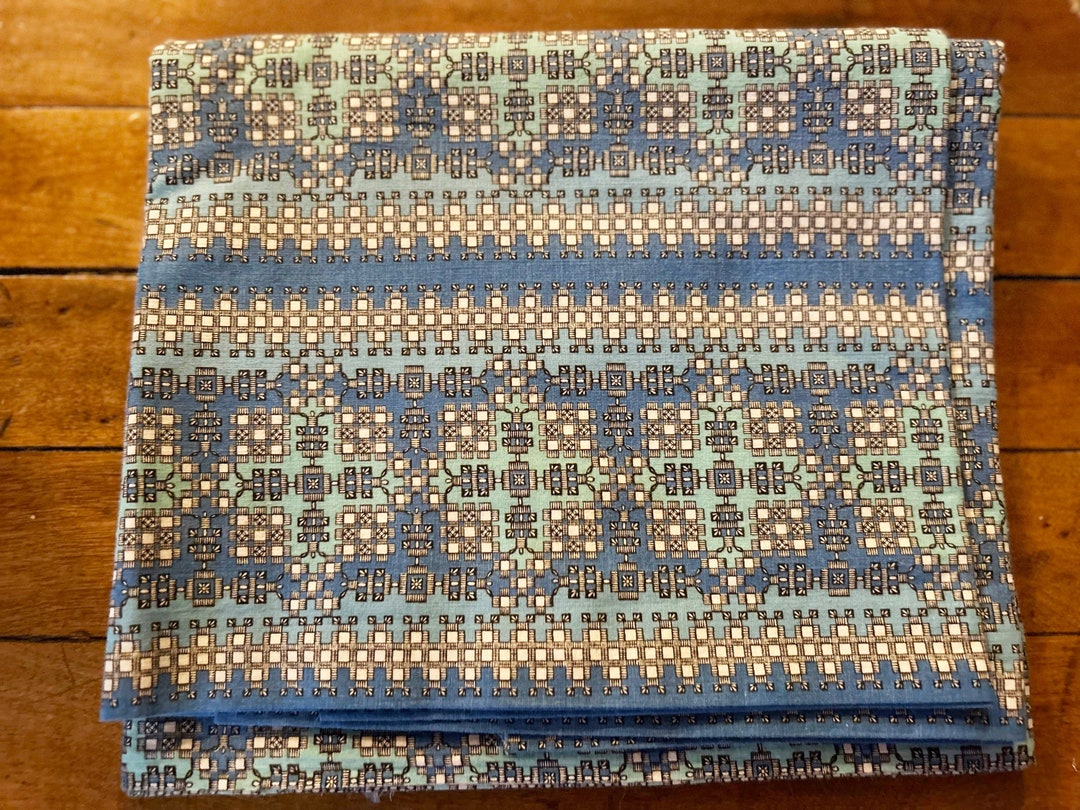 Vintage Blue Geometric Print Cotton Fabric 2-1/2 Yards! Estate - Etsy