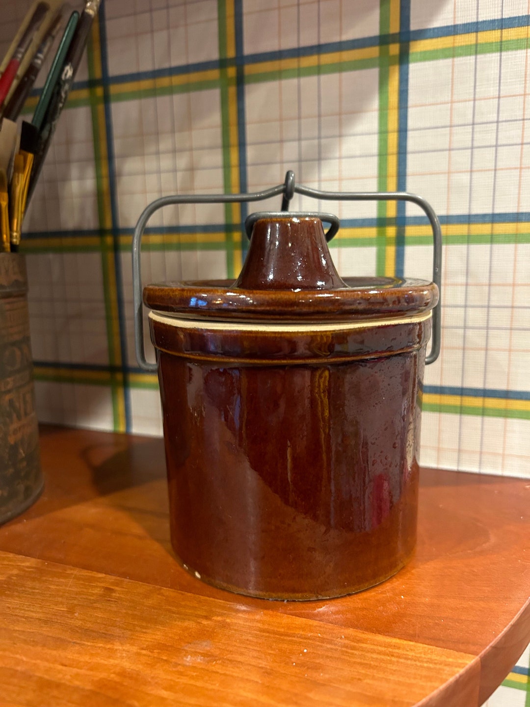 Stoneware Speckled Crock With Wire Bail Dark Brown for Cheese or Butter ...
