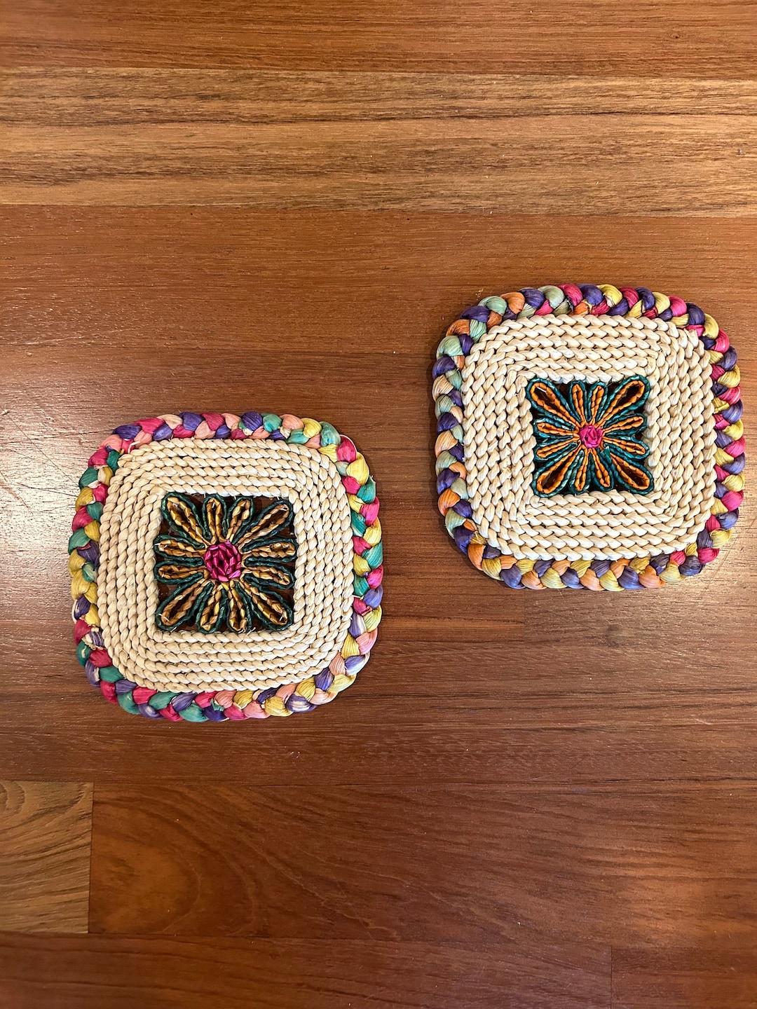 Set of [2] Colorful Rafia Trivets Wall Hangings Woven Straw Rainbow ...