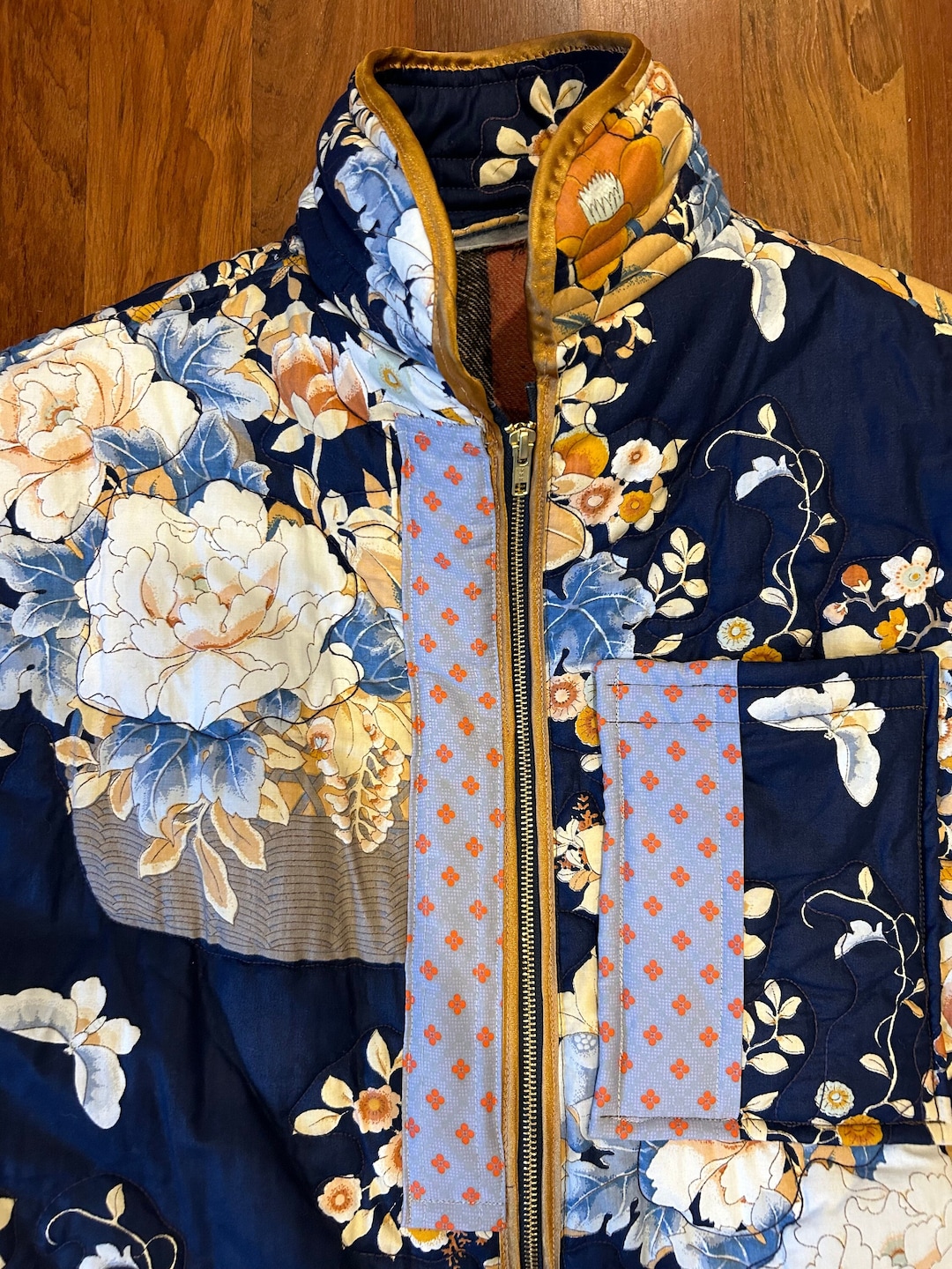 Quilt Coat Vintage Style Duster Jacket Blue Floral With Plaid Liner and ...