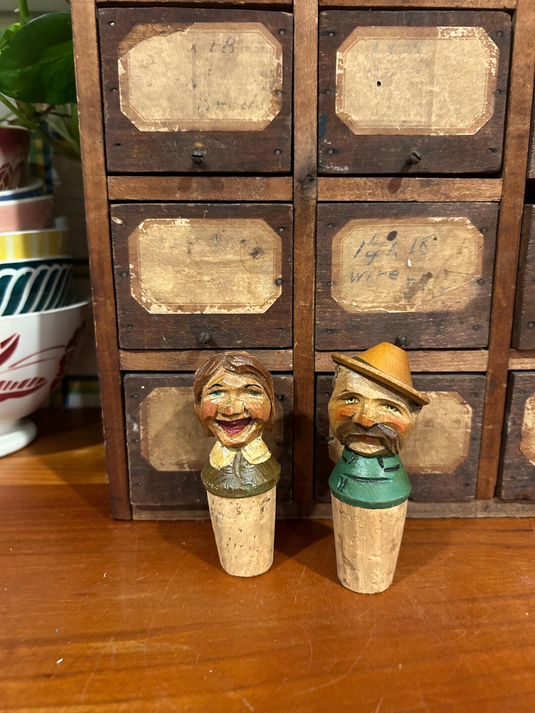 Pair Anri Hand Carved Wood Cork Bottle Wine Stopper Vintage Painted ...