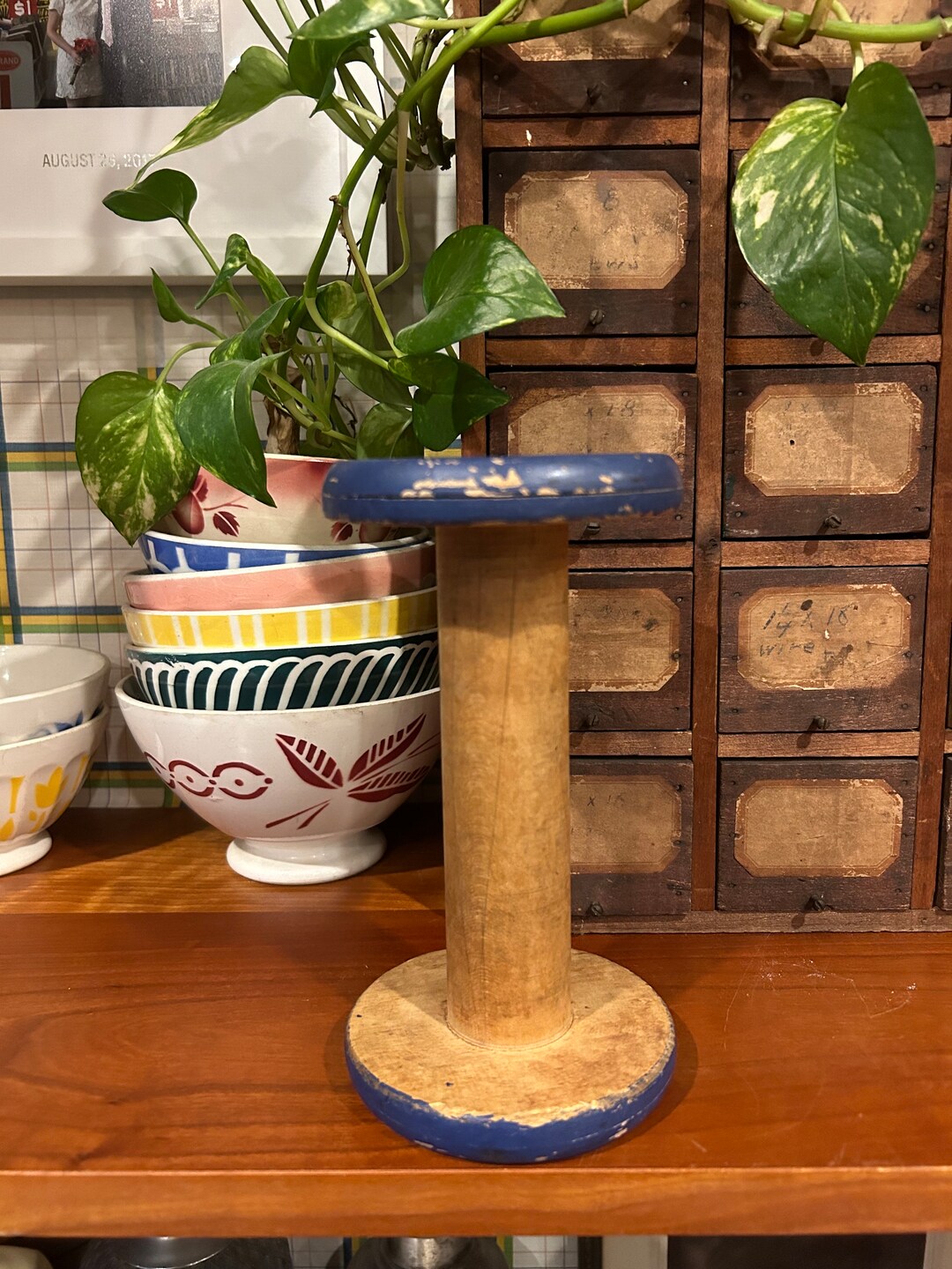 Vintage Industrial Wooden Spool With Blue Paint Factory - Etsy