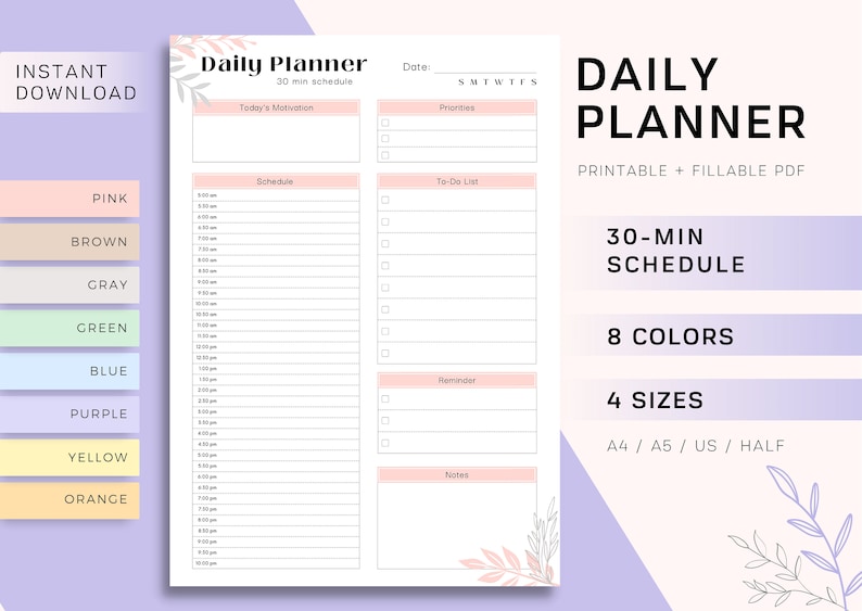 30-minute Daily Planner Printable Daily Schedule to Do - Etsy