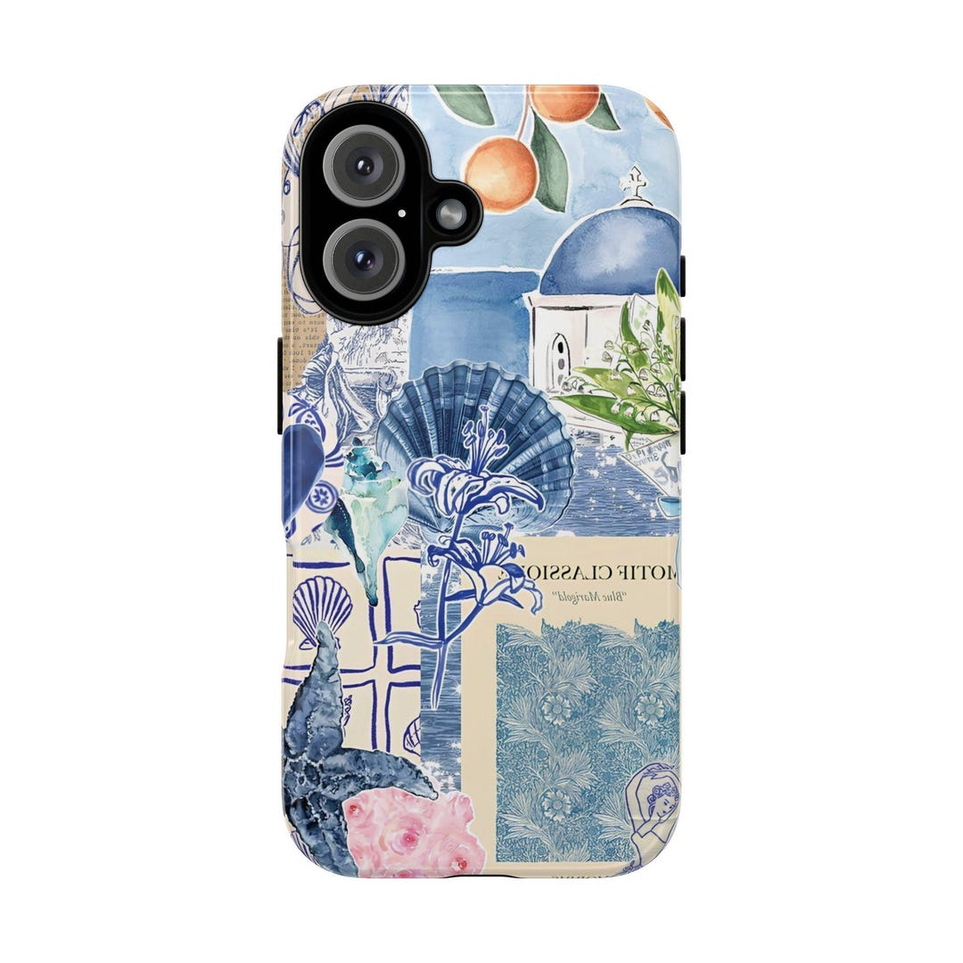 Santorini Collage iPhone 16 Case, Coastal iPhone 12 13 Mini 14 15 16 Pro Max Cases, Blue ...