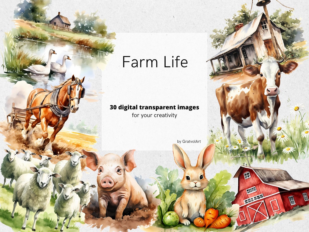 Farm Life Watercolor Clipart, Farm Animals, Farm House Printable Art ...