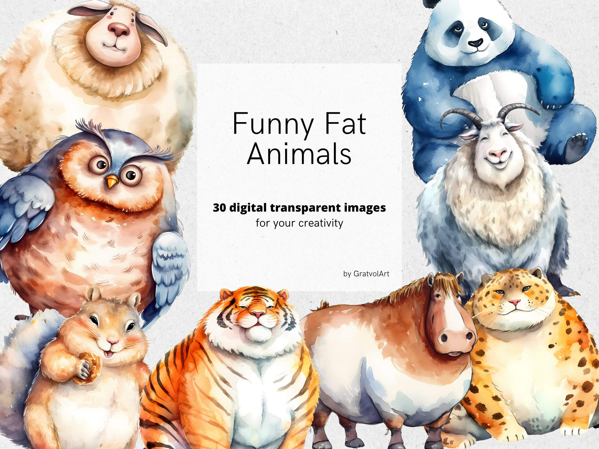 Funny Fat Animals Clipart, Digital Illustrations PNG Instant Download ...