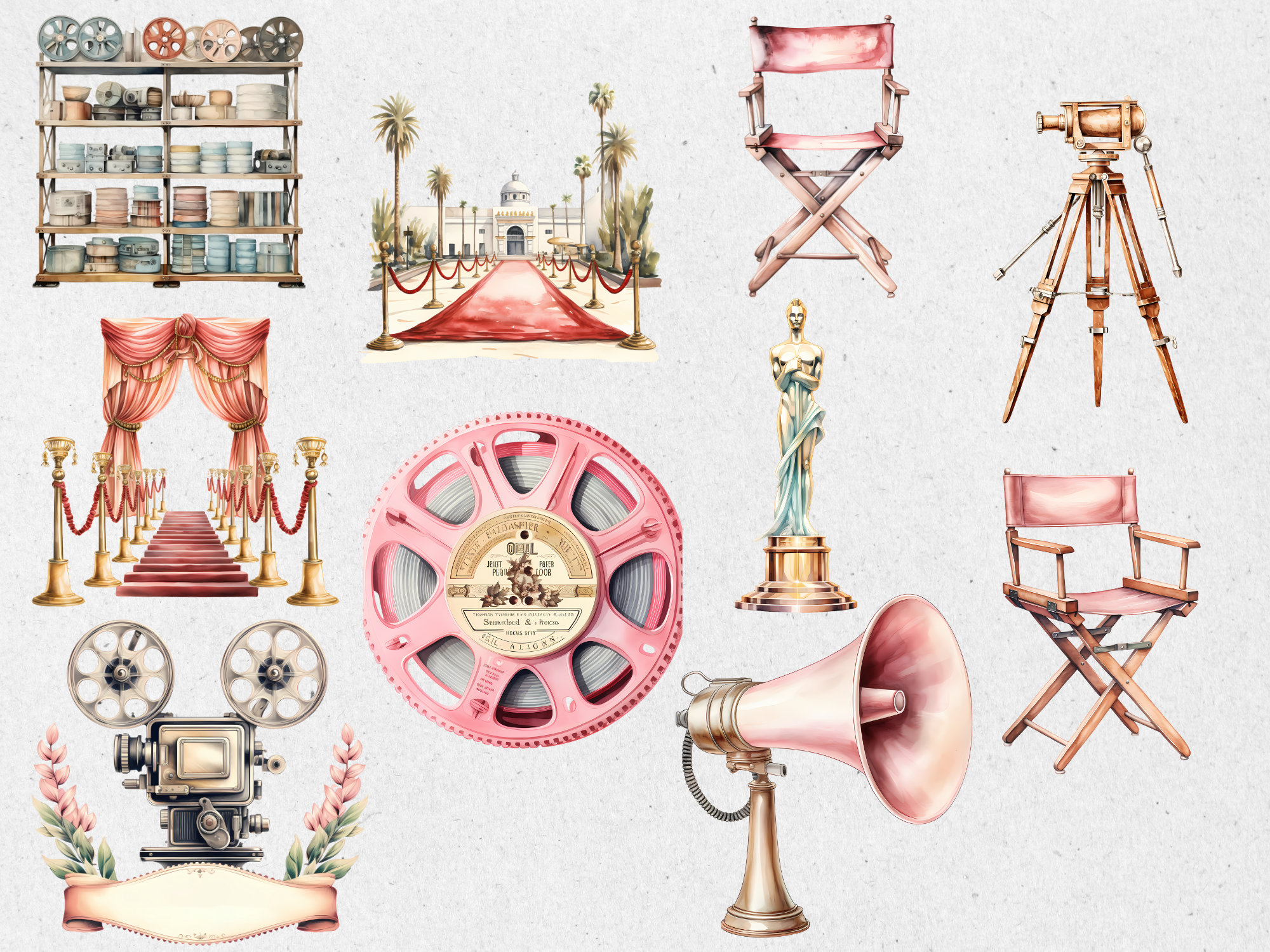Vintage Cinema Watercolor Clipart - Digital Png Vintage Cinema, Movies ...