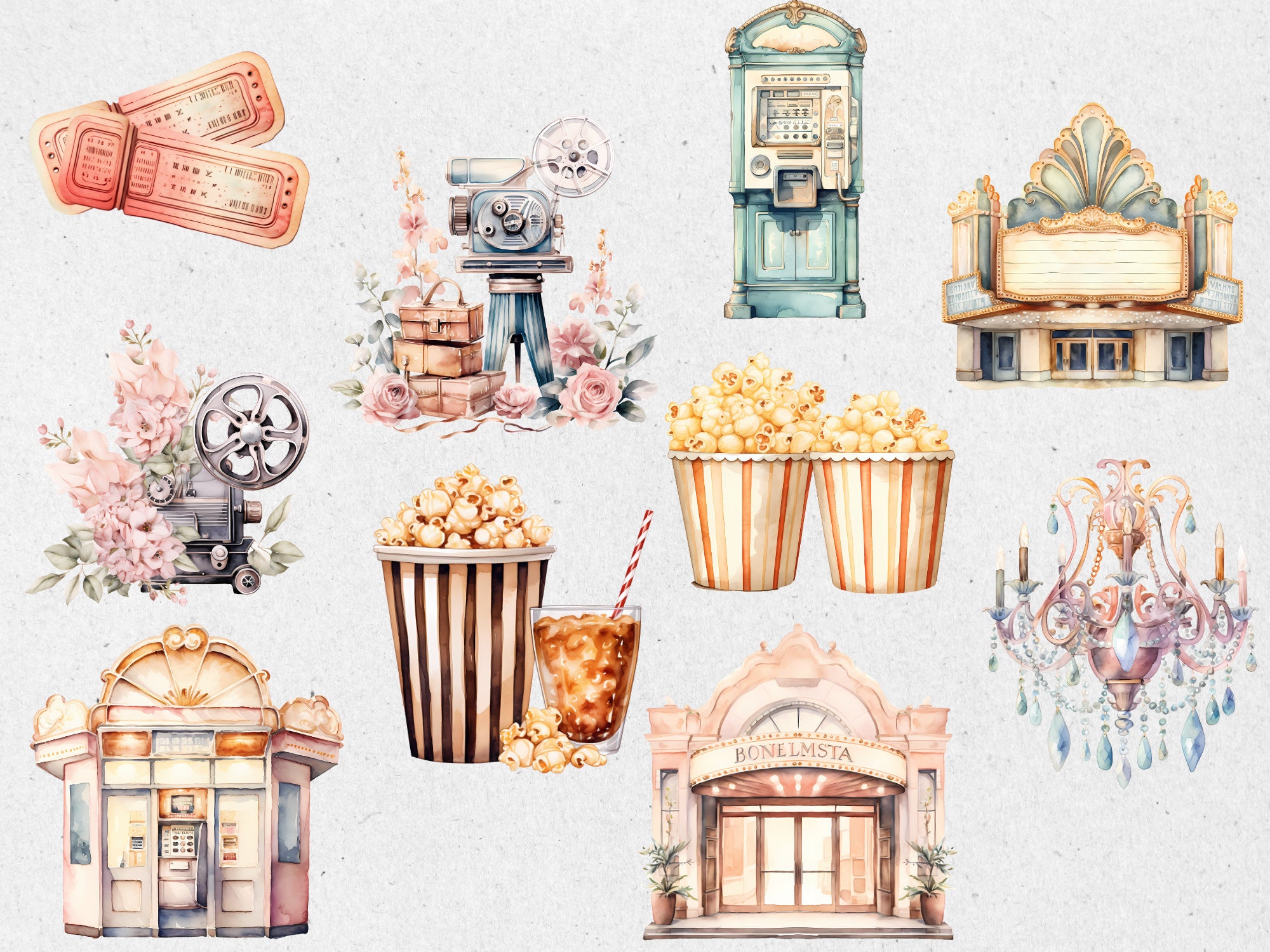 Vintage Cinema Watercolor Clipart - Digital Png Vintage Cinema, Movies ...