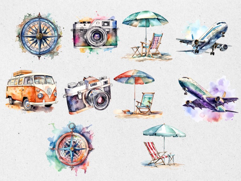 Watercolor Travel Clipart Summer Holiday Vacation Clipart - Etsy