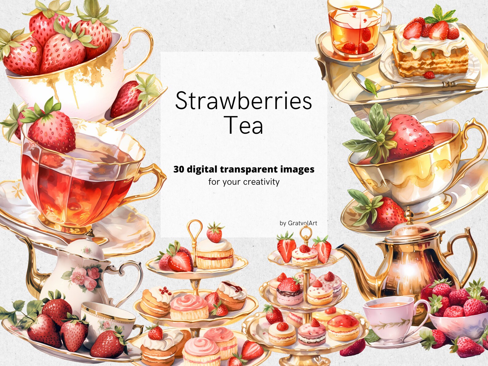 Watercolor Strawberry Tea Clipart, Blush and Gold Tea Cups, Garden Tea ...