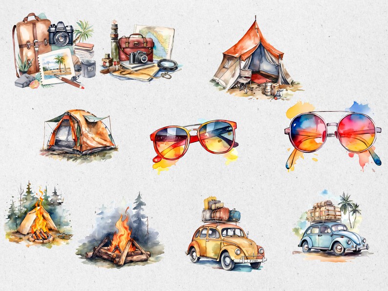Watercolor Travel Clipart Summer Holiday Vacation Clipart - Etsy