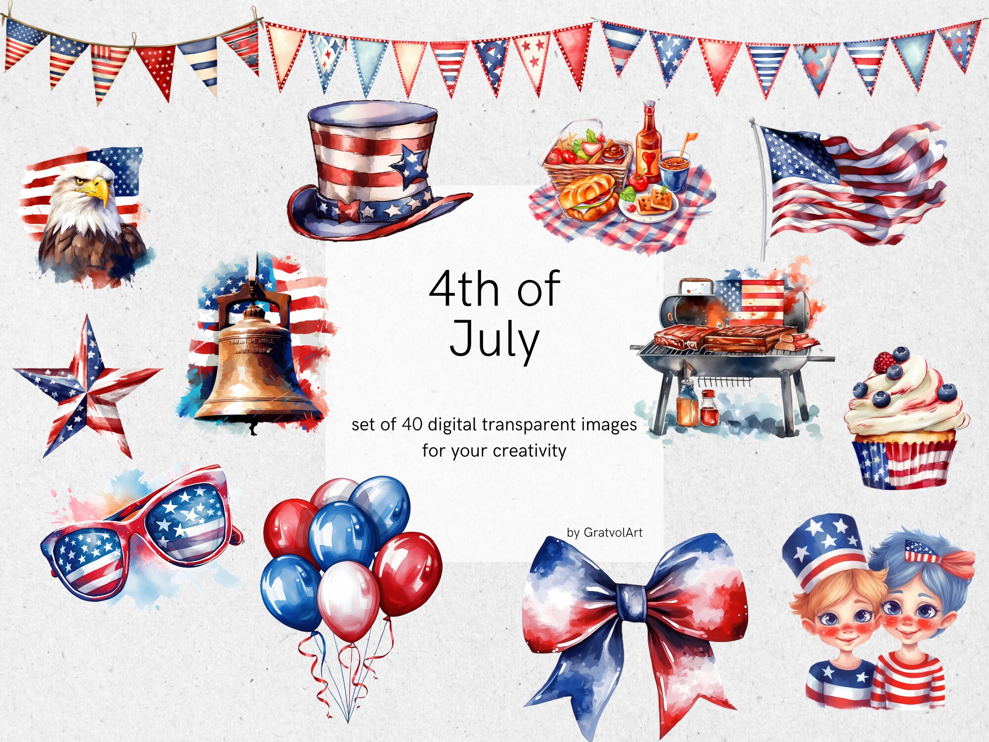 Watercolor Fourth of July Clipart - Patriotic Clipart - Etsy