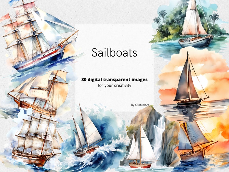 Watercolor Sailboats Clipart Cute Nautical Ocean Sailing - Etsy