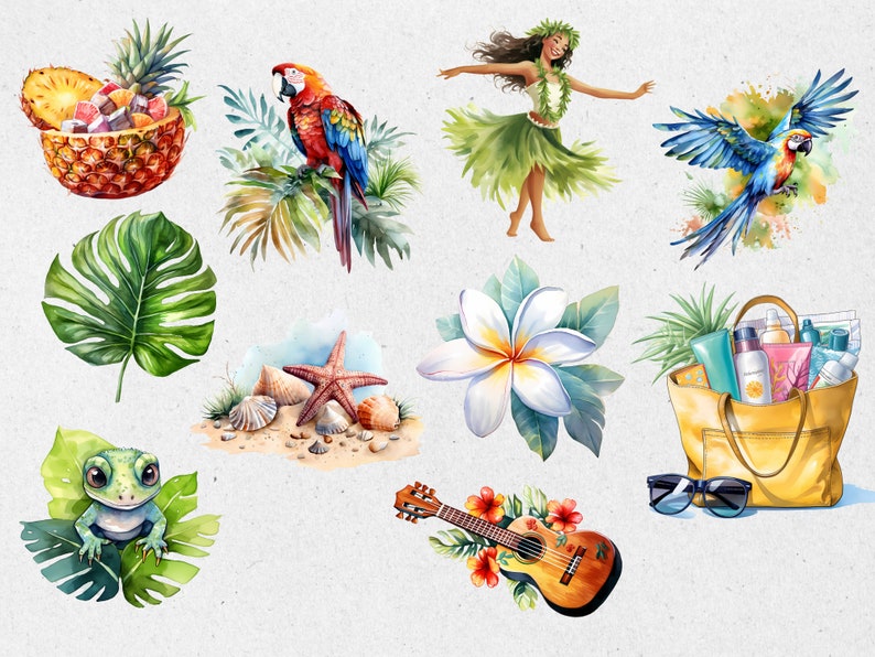 Watercolor Tropical Summer Clipart, Summer Beach, Vacation Clip Art PNG ...