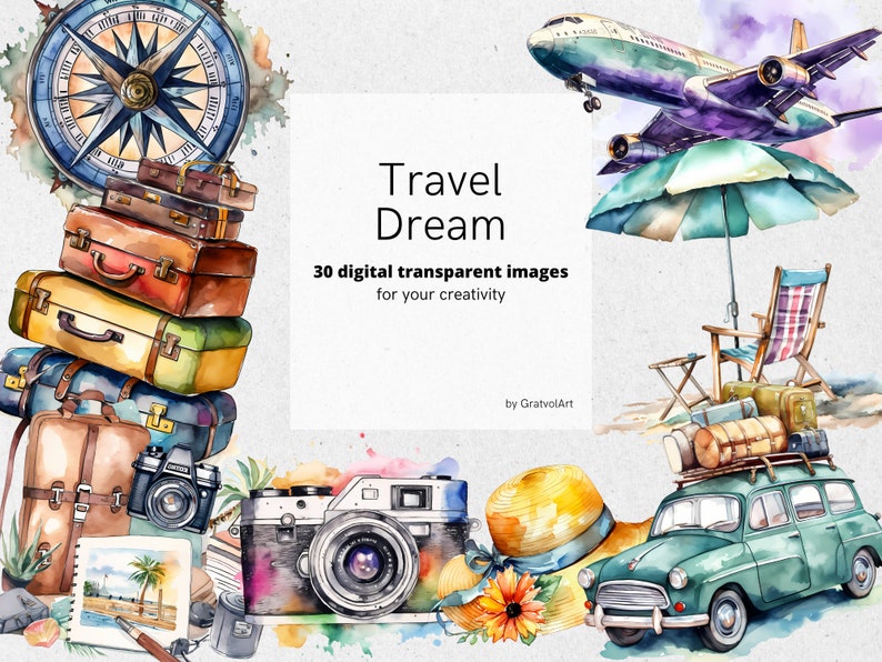 Watercolor Travel Clipart Summer Holiday Vacation Clipart - Etsy