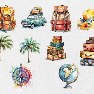 Watercolor Travel Clipart Summer Holiday Vacation Clipart - Etsy