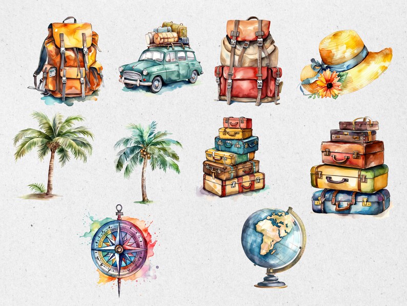 Watercolor Travel Clipart Summer Holiday Vacation Clipart - Etsy