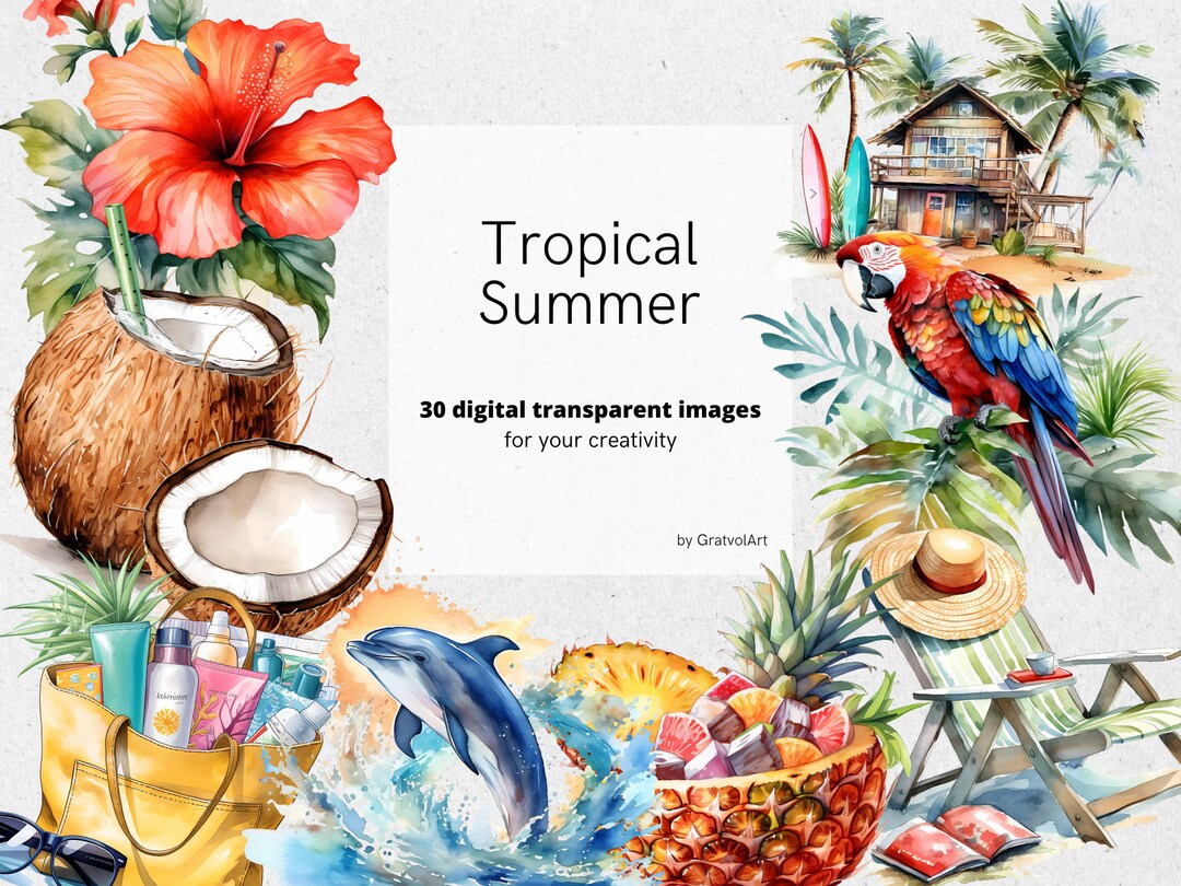 Watercolor Tropical Summer Clipart, Summer Beach, Vacation Clip Art PNG ...