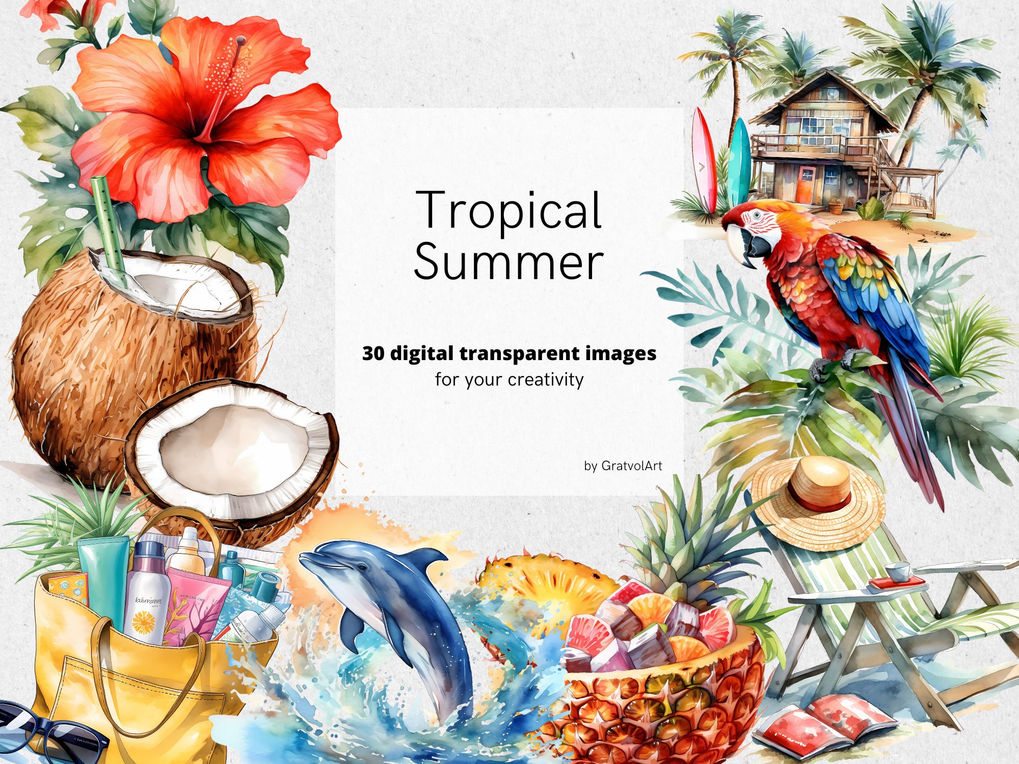 Watercolor Tropical Summer Clipart, Summer Beach, Vacation Clip Art PNG ...