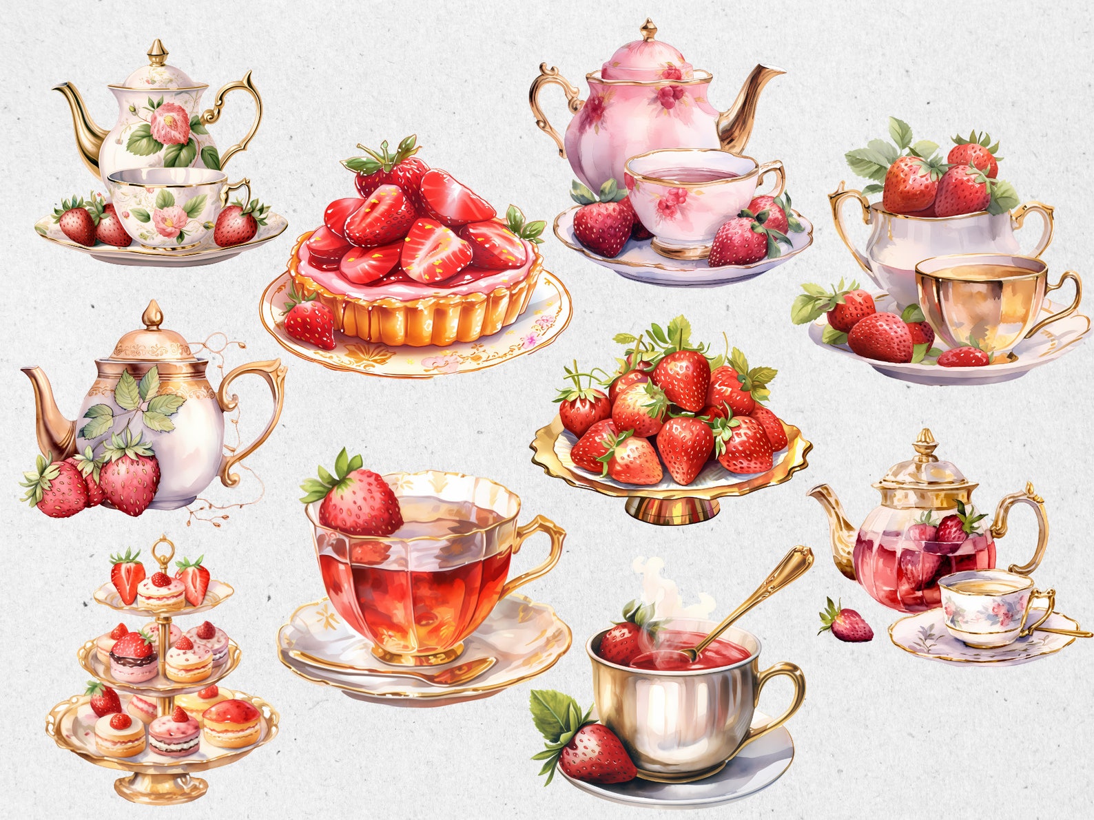 Watercolor Strawberry Tea Clipart, Blush and Gold Tea Cups, Garden Tea ...