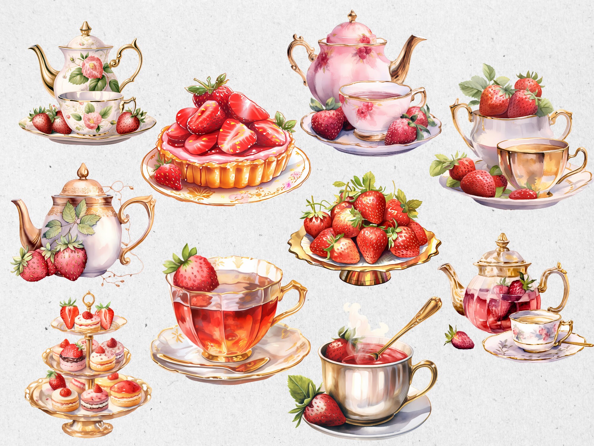 Watercolor Strawberry Tea Clipart, Blush and Gold Tea Cups, Garden Tea ...