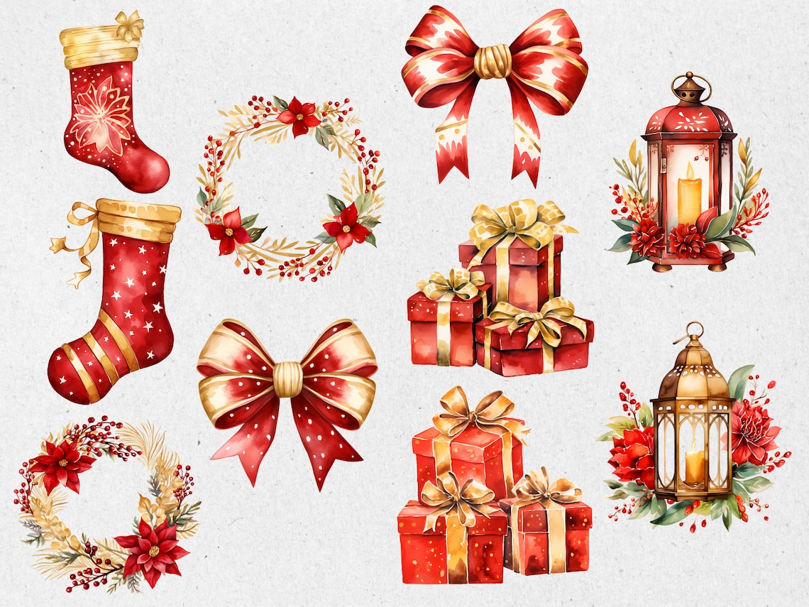 Red and Gold Christmas Clipart, Christmas and New Year Winter Holiday ...