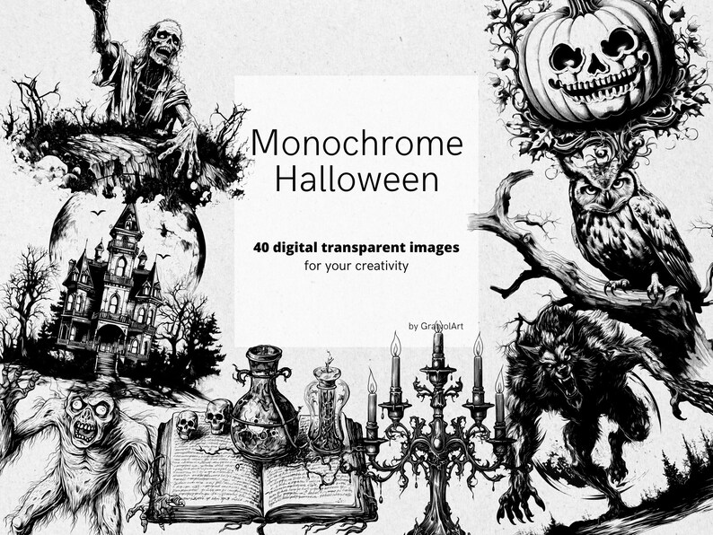 Monochrome Halloween Clipart, Halloween Creepy Black and White Clip Art ...