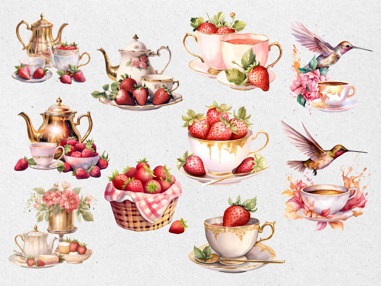 Watercolor Strawberry Tea Clipart, Blush and Gold Tea Cups, Garden Tea ...